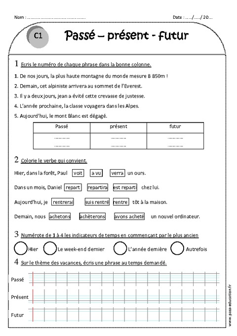 Verbe conjugué au passé, présent et futur - Ce1 - Exercices corrigés ...