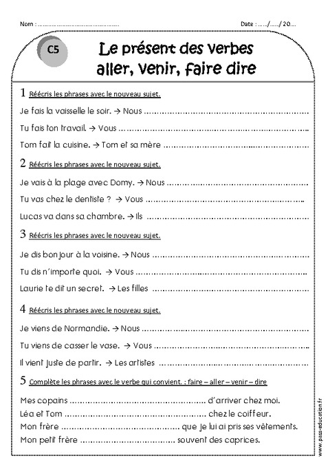 Verbes aller, venir, faire, dire au présent - Ce1 - Exercices corrigés ...