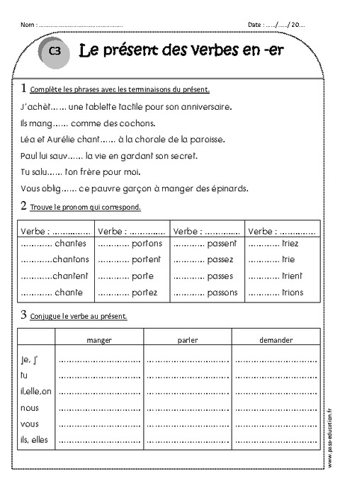 Verbes En Er Au Present De Lindicatif Fiche Dexercices Fiches Images