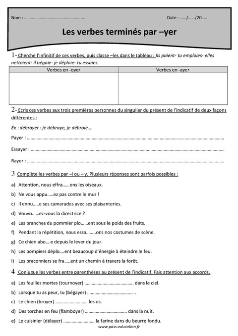 Verbes terminés par -yer - Cm2 - Exercices corrigés - Pass Education