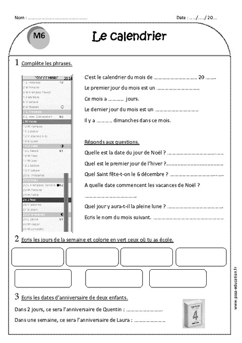 Calendrier - Ce1 - Exercices à imprimer - Pass Education