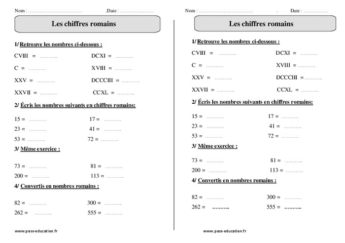 Chiffres romains – Ce2 - Exercices à imprimer - Pass Education