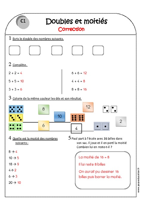 Doubles et moitiés - Ce1 - Exercices corrigés - Pass Education