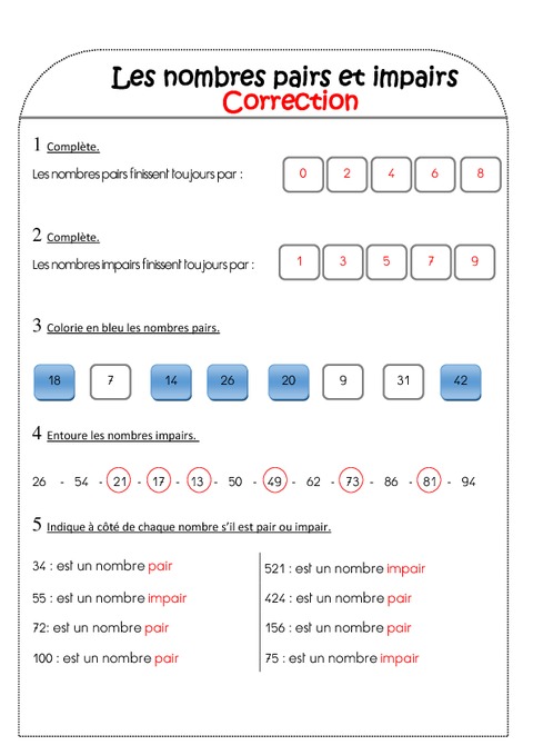 Nombres pairs et impairs - Ce1 - Exercices à imprimer - Pass Education