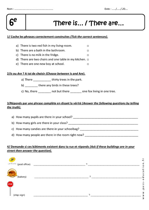 Il y a - There is - There are - 6ème - Exercices corrigés sur la phrase ...