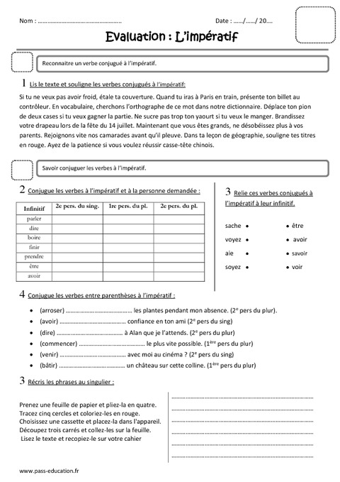 Impératif - Cm1 - Evaluation - Pass Education