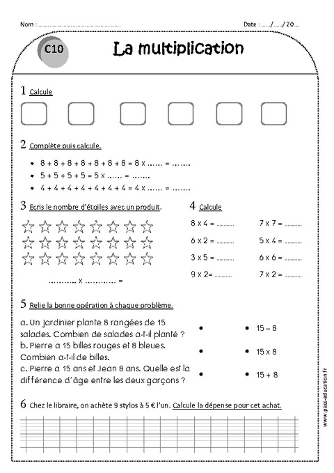 Multiplication – Ce1 – Exercices avec correction - Pass Education