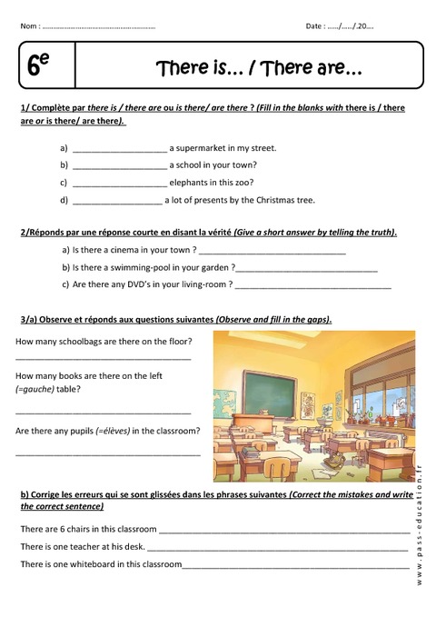 There is - There are - 6ème - Exercices corrigés sur il y a... - Pass ...