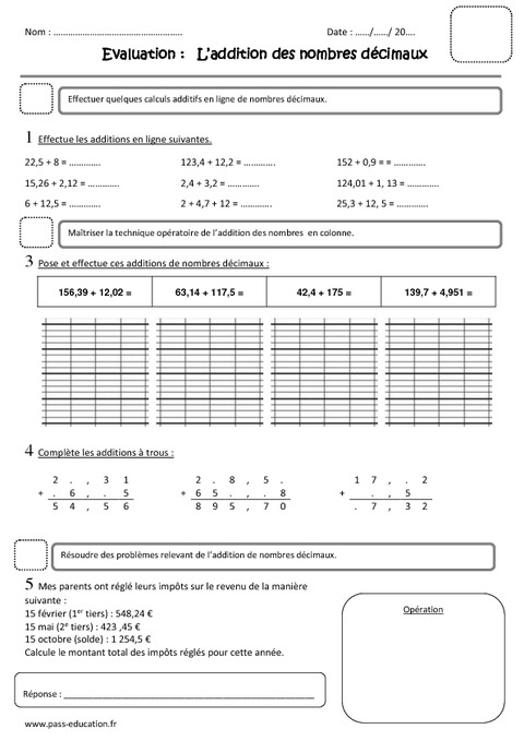 Addition des nombres décimaux - Cm1 - Evaluation - Pass Education