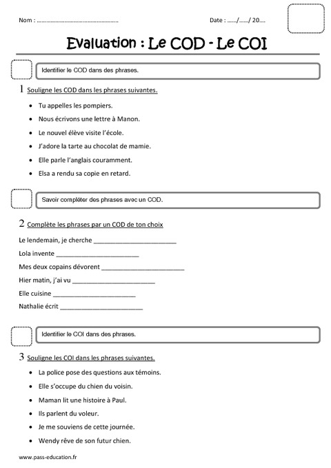 COD - COI - Ce2 - Evaluation - Complément d'objet direct et indirect ...