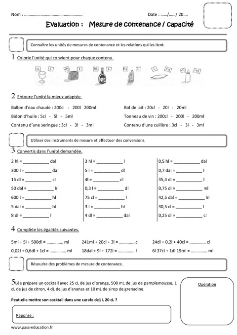 Litre - Capacité - Contenance - Cm1 - Evaluation - Pass Education
