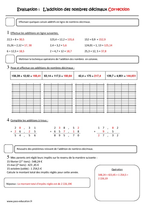 Addition des nombres décimaux - Cm1 - Evaluation - Pass Education
