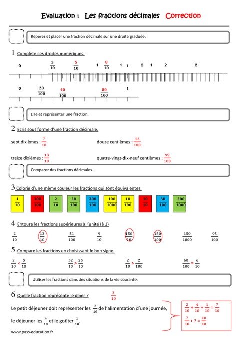 Fractions décimales - Cm1 - Evaluation - Pass Education