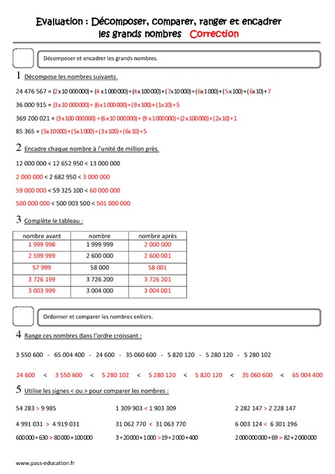Grands nombres - Décomposer, comparer, ranger et encadrer - Cm1 ...