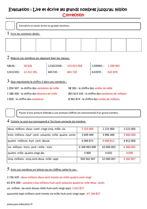 Lire et écrire les grands nombres jusqu'au million - Cm1 - Evaluation ...