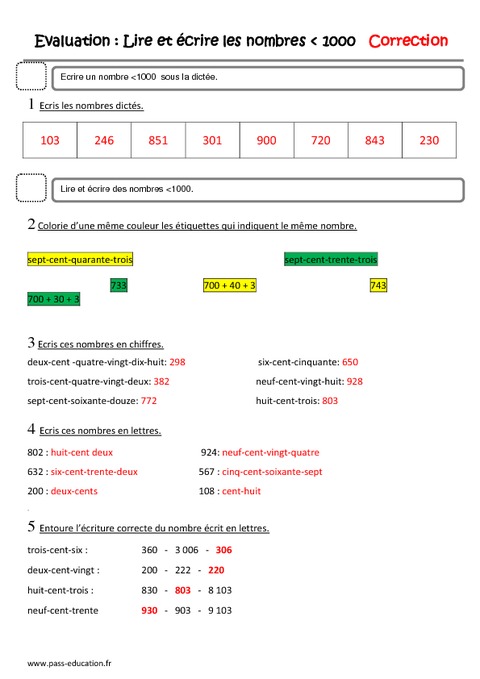 Lire et écrire les nombres inférieurs à 1000 - Ce2 - Evaluation - Pass ...