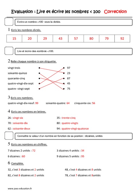 Lire et écrire les nombres jusqu'à 100 - Ce2 - Evaluation - Pass Education
