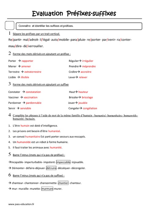 Préfixe - Suffixe - Cm2 - Evaluation - Pass Education
