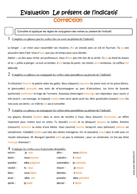 Présent de l'indicatif - Cm2 - Evaluation - Pass Education