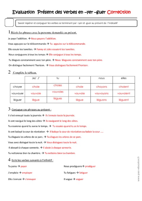 Présent des verbes en yer et guer - Cm2 - Evaluation - Pass Education