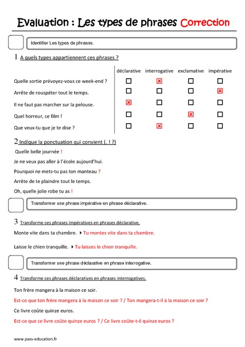 Types de phrases - Ce2 - Evaluation - Phrase déclarative, interrogative ...