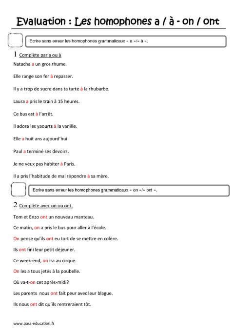 a - à ; on - ont - Ce2 - Evaluation sur les homophones - Pass Education