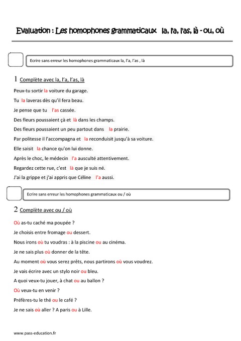 la, l'a, l'as, là - ou, où – Homophones grammaticaux – Cm1 – Evaluation ...