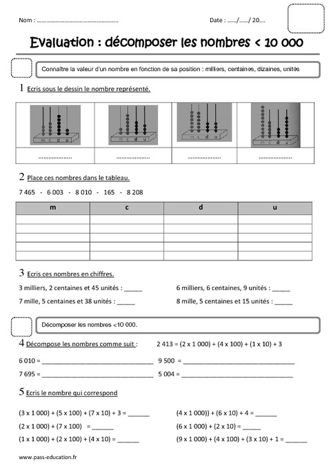 Décomposer les nombres inférieurs à 10 000 - Ce2 - Evaluation - Pass ...