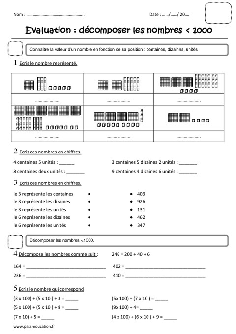 Décomposer les nombres inférieurs à 1000 - Ce2 - Evaluation - Pass ...