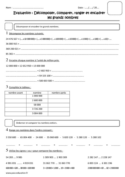 Grands nombres - Décomposer, comparer, ranger et encadrer - Cm1 ...