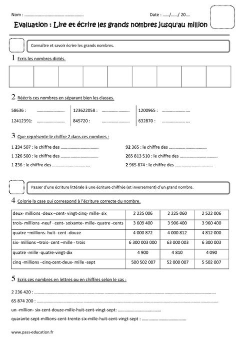 Lire et écrire les grands nombres jusqu'au million - Cm1 - Evaluation ...