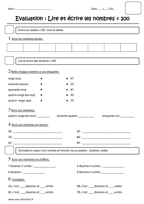 Lire et écrire les nombres jusqu'à 100 - Ce2 - Evaluation - Pass Education