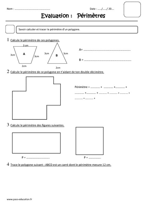 Mesure de périmètre - Ce2 - Evaluation - Pass Education