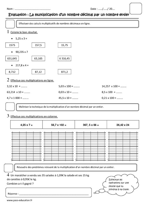 Multiplier un nombre décimal par un nombre entier - Cm1 - Evaluation ... Multiplier un nombre décimal par un nombre entier - Cm1 - Evaluation ...