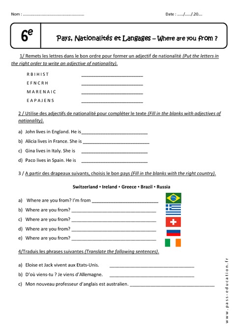 Pays, Nationalités et Langages - 6ème - Exercices - Where are you from ...