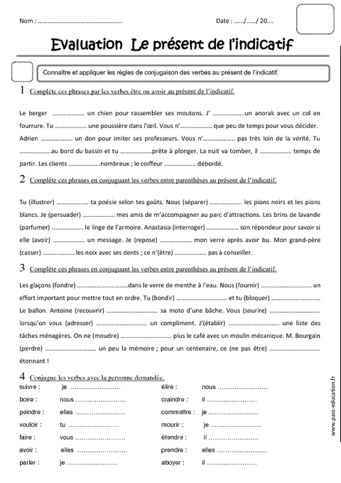 Présent de l'indicatif - Cm2 - Evaluation - Pass Education