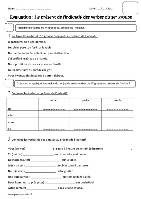 Présent des verbes du 1er groupe - Ce2 - Evaluation - Pass Education