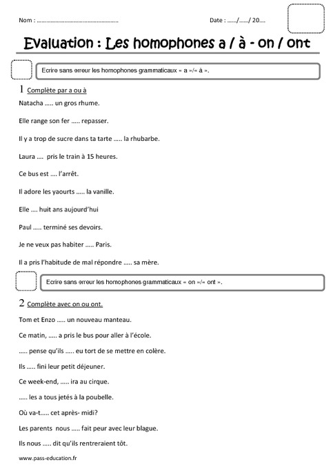 a - à ; on - ont - Ce2 - Evaluation sur les homophones - Pass Education