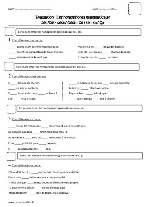 ses, ces - s'est, c'est - ce, se - sa, ça – Cm1 – Evaluation ...