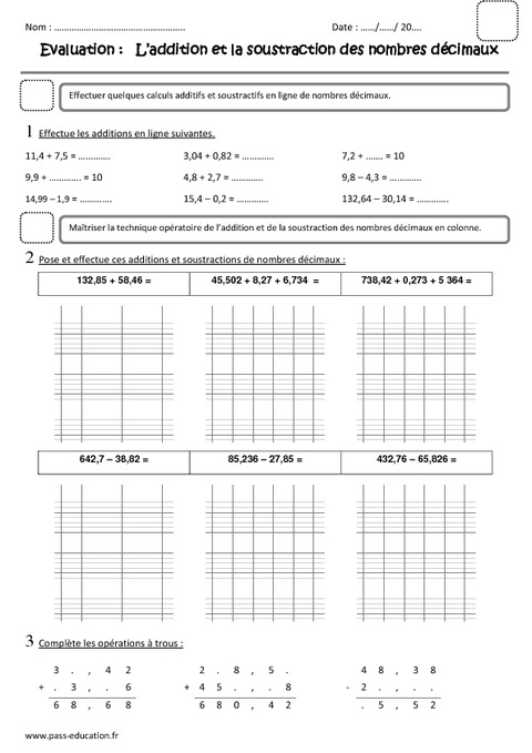 Addition et la soustraction des nombres décimaux - Cm2 - Evaluation ...