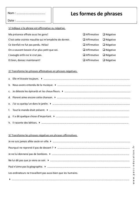 Affirmative - Négative - 5ème - Exercices sur les formes de phrases ...