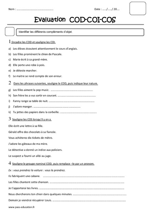 COD, COI, COS - Cm2 - Evaluation sur les compléments d'objets - Pass ...