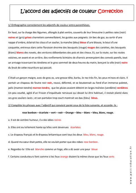 Accord des adjectifs de couleur – 5ème – Exercices - Pass Education