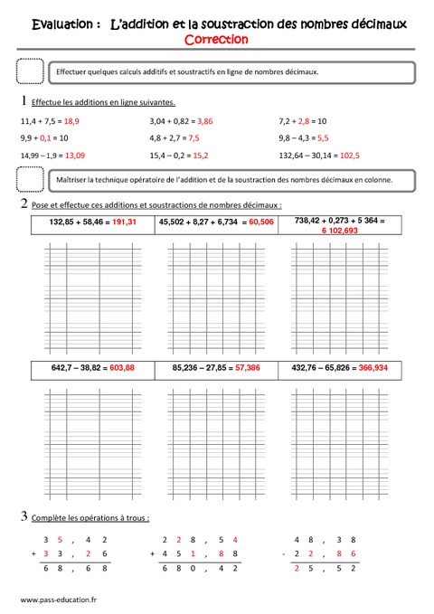Addition et la soustraction des nombres décimaux - Cm2 - Evaluation ...