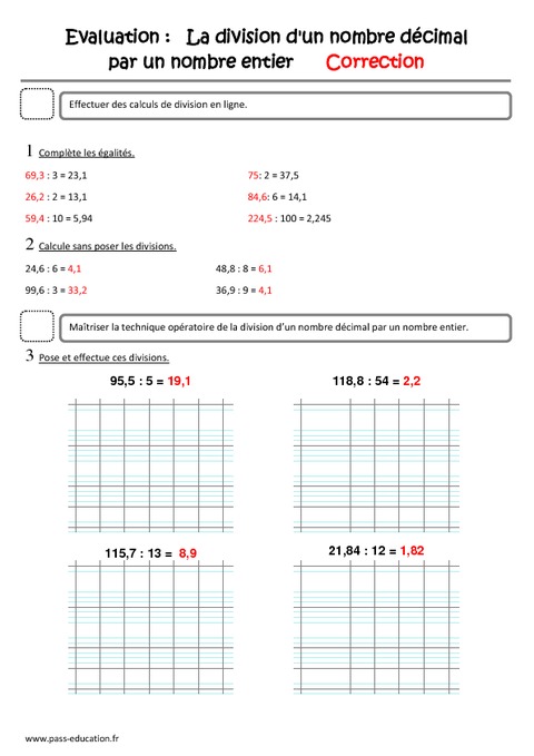 Division d'un nombre décimal par un nombre entier - Cm2 - Evaluation ...