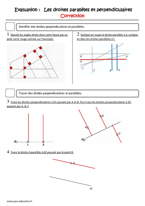 Droites perpendiculaires et parallèles - Cm2 - Evaluation - Pass Education
