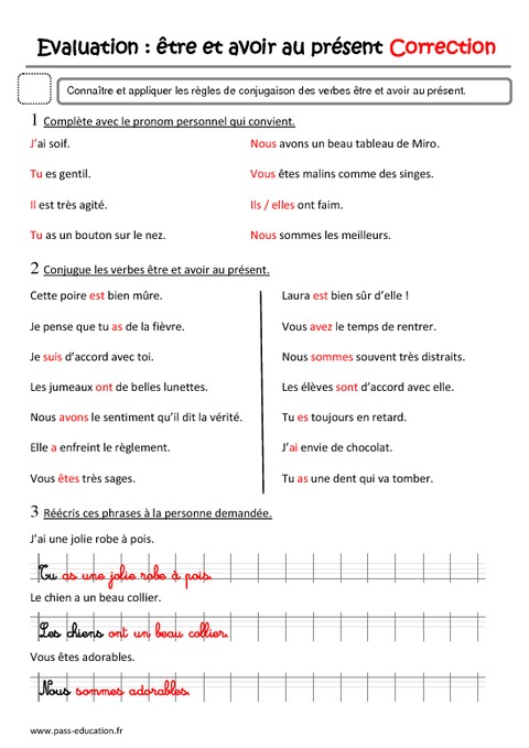 Etre et avoir au présent - Ce1 - Evaluation - Pass Education