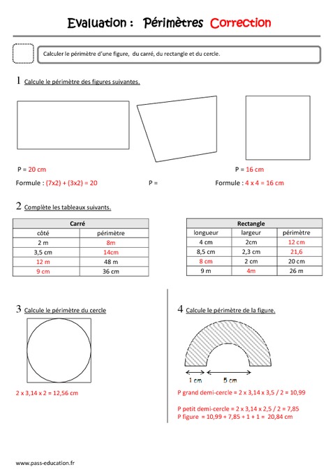 Périmètre - Cm2 - Evaluation - Pass Education