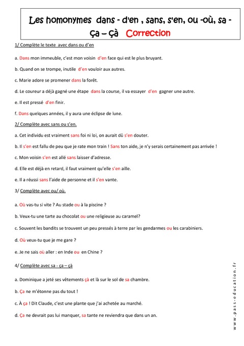 dans - d'en , sans, s'en, ou -où, sa - ça - çà - 5ème - Exercices sur ...