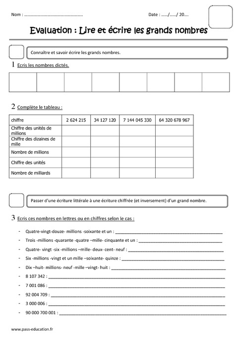Grands nombres - Cm2 - Evaluation - Lire et écrire - Pass Education